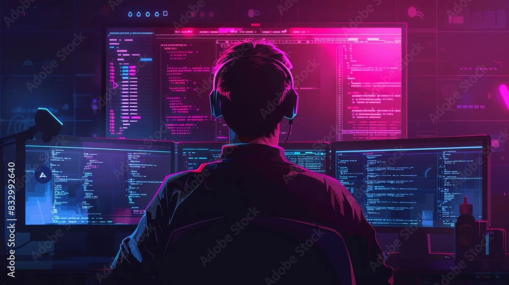A programmer working late at night, focused on multiple computer ...