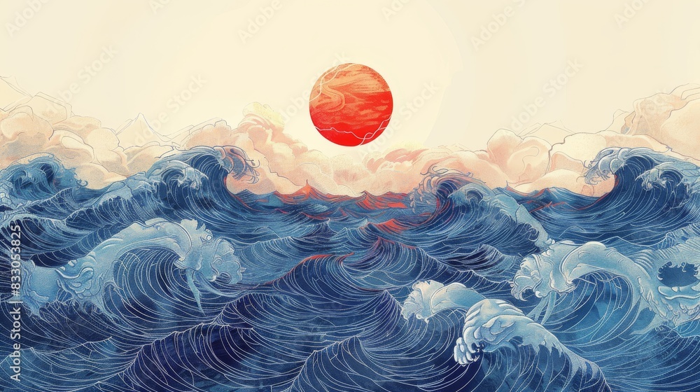 Ocean in a minimalistic and elegant japanese style. Flowing lines ...