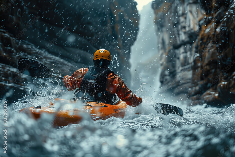 Extreme sport rafting kayaker navigating through a fast-flowing river ...