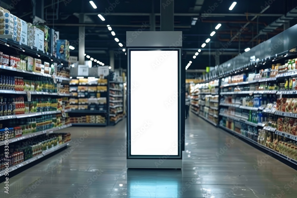 Blank advertising poster banner mockup inside supermarket store ...