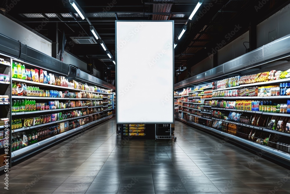 Blank advertising poster banner mockup inside supermarket store ...