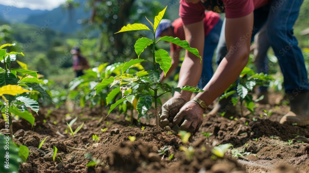 Farmers planting new coffee trees, highlighting a focus on sustainable ...
