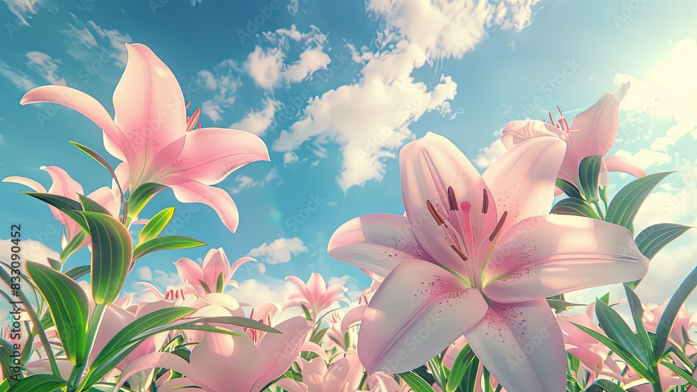 Stunning lily flowers in a garden under a blue sky, offering a relaxing ...