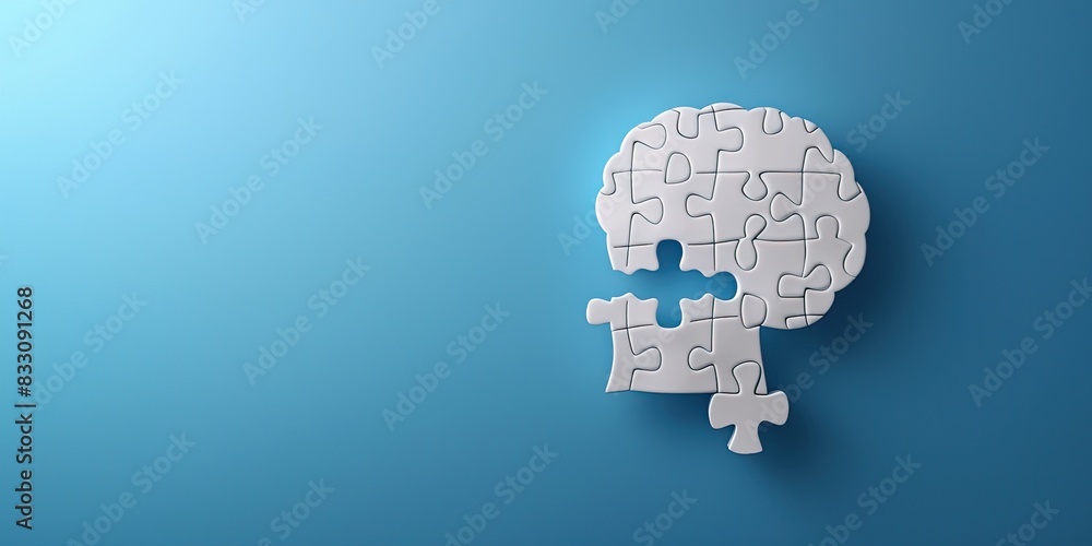 A white puzzle piece with the brain symbol on it, floating in midair on ...