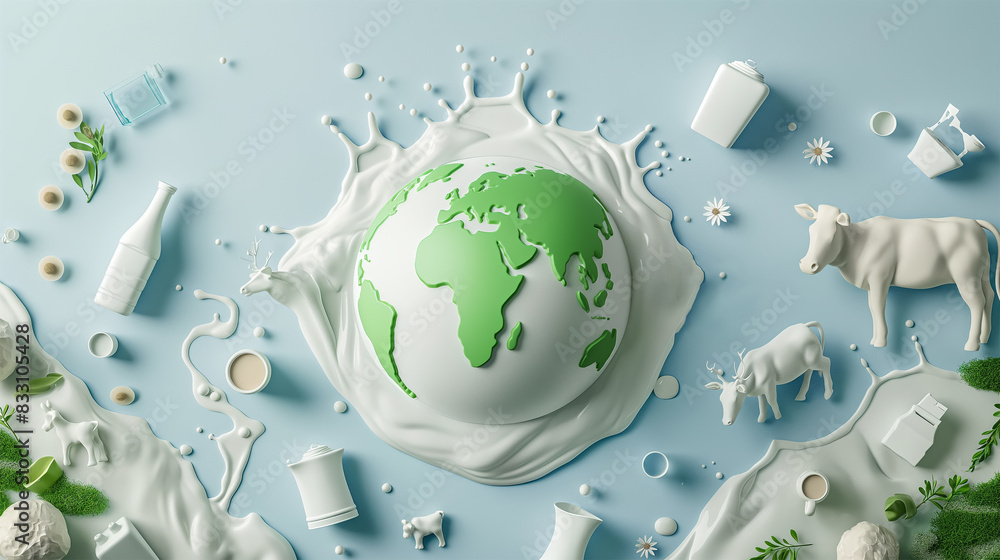 3D illustration of Earth with cows, milk splashes, and greenery, World ...