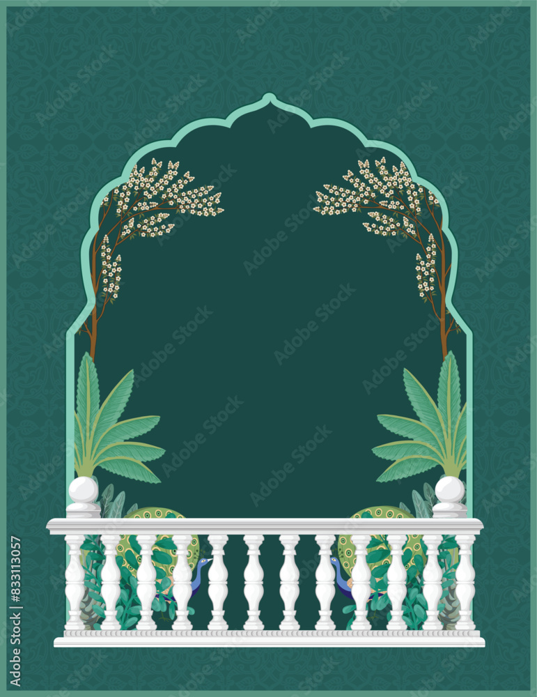 Traditional Mughal pichwai art, Mughal garden, peacock, and arch frame ...