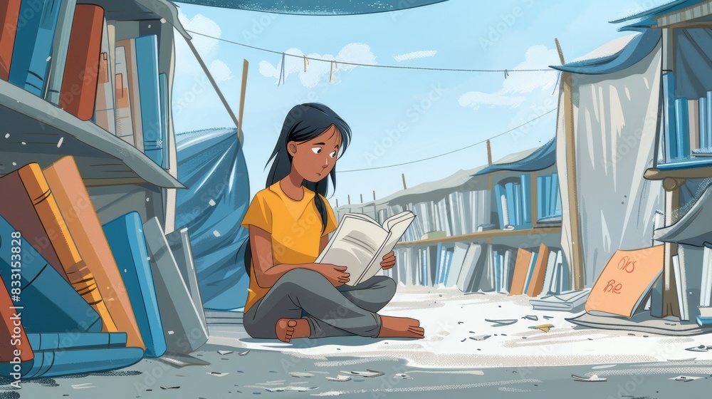 Cartoon Vector A young refugee girl sitting on the ground, surrounded ...