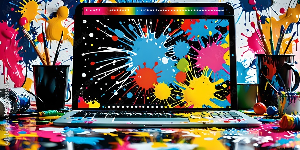wallpaper depicting a computer and paint splashes on the screen with ...