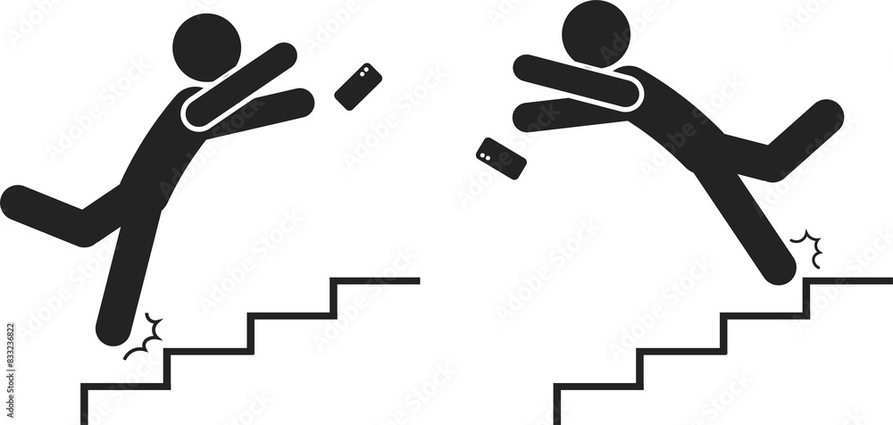Bundle set pictogram of man fall on stair with phone, for safety sign ...