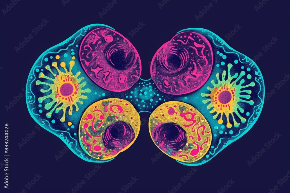 Colorful illustration of cell division showing four cells with vibrant ...