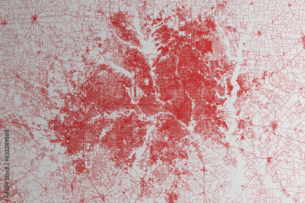 Map of the streets of Dallas and Fort Worth (Texas, USA) made with red ...