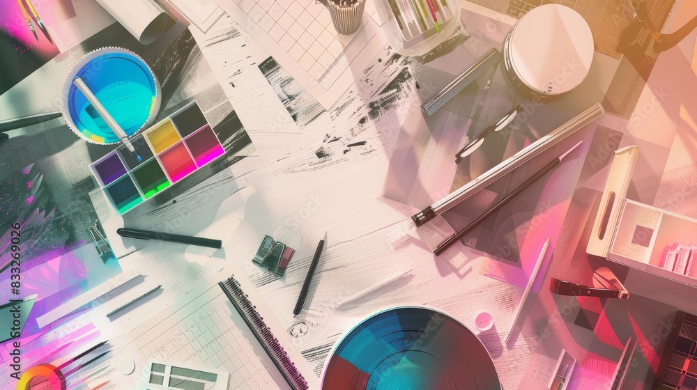 Graphic Design: A creative space background with layers of design tools ...