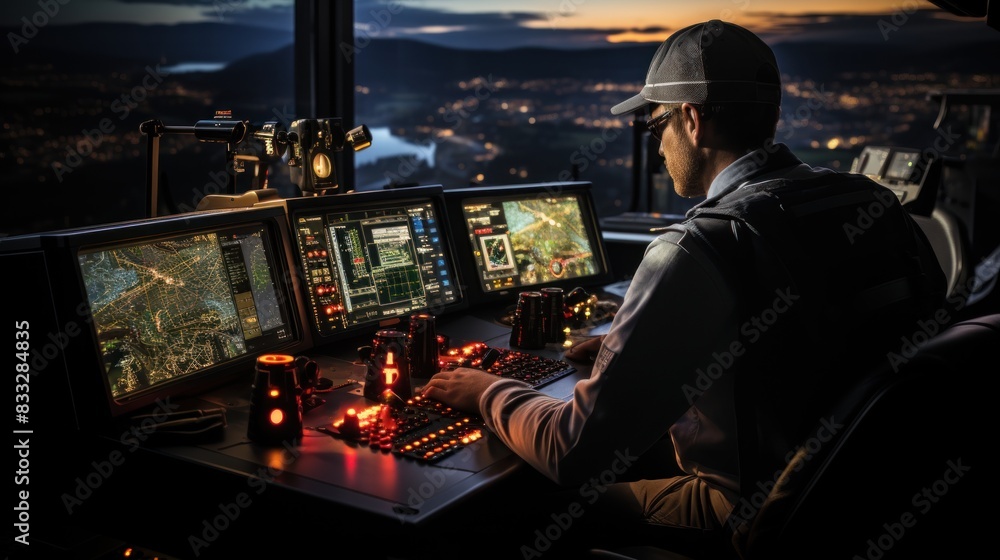 A male operator observes multiple monitors within a darkened control ...