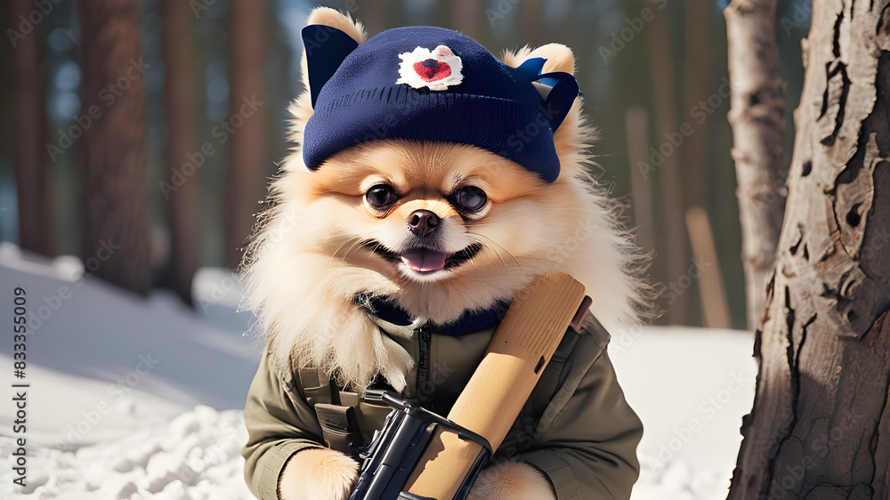 Pomeranian dog wearing a ski mask and beret, holding an assault rifle ...