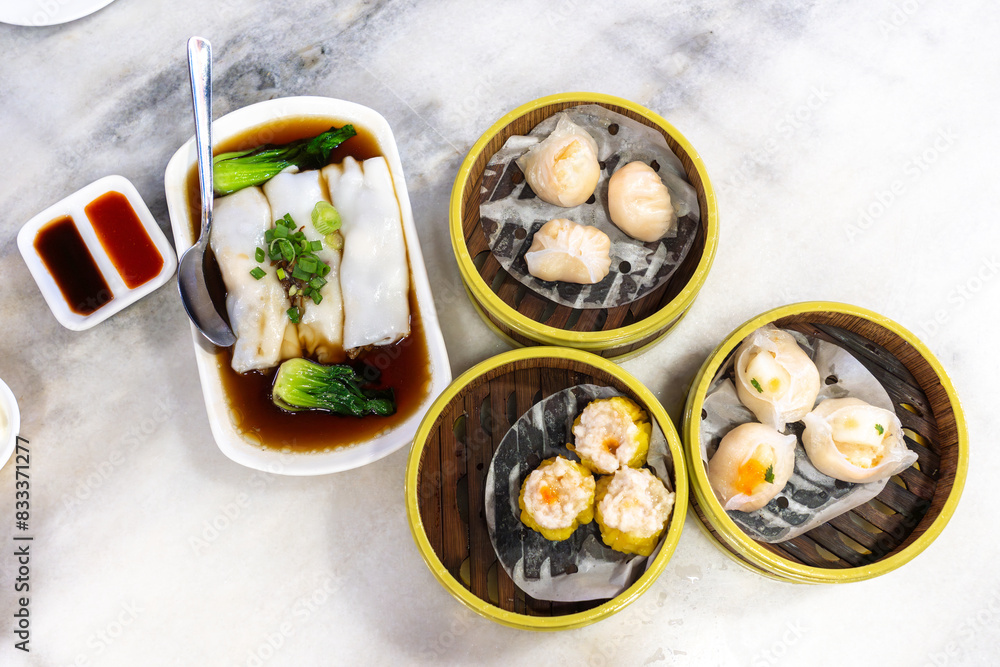 Cantonese Chinese Dim sum Food Menu with Dumplings of Shrimp and Pork ...