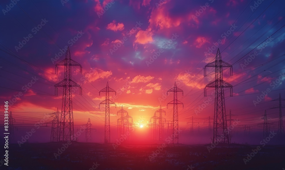 Electricity transmission towers, sunset, beautiful, twilight, a ...