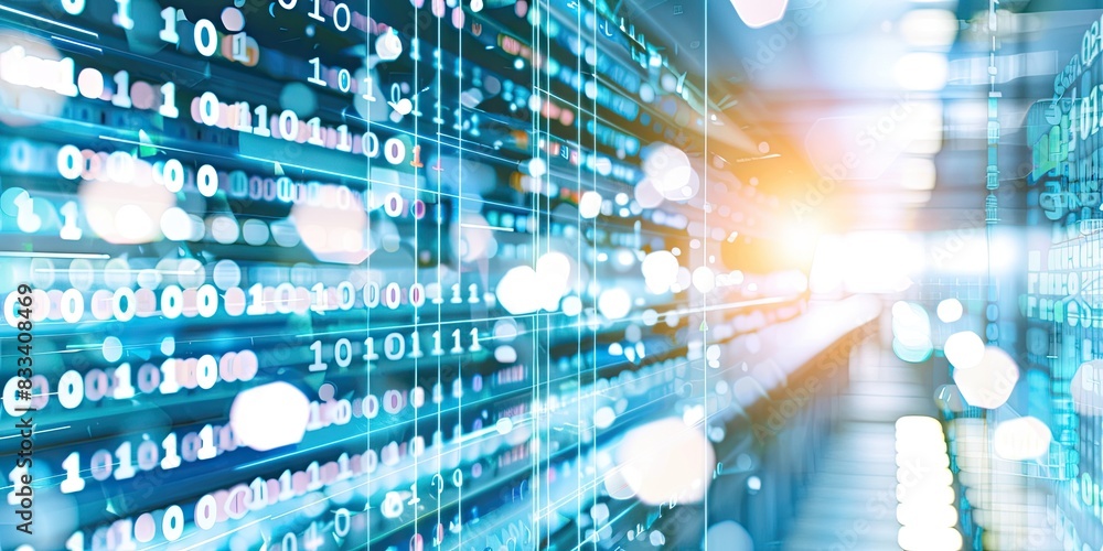 Abstract digital background featuring binary code (0s and 1s) with a bright light effect and ...