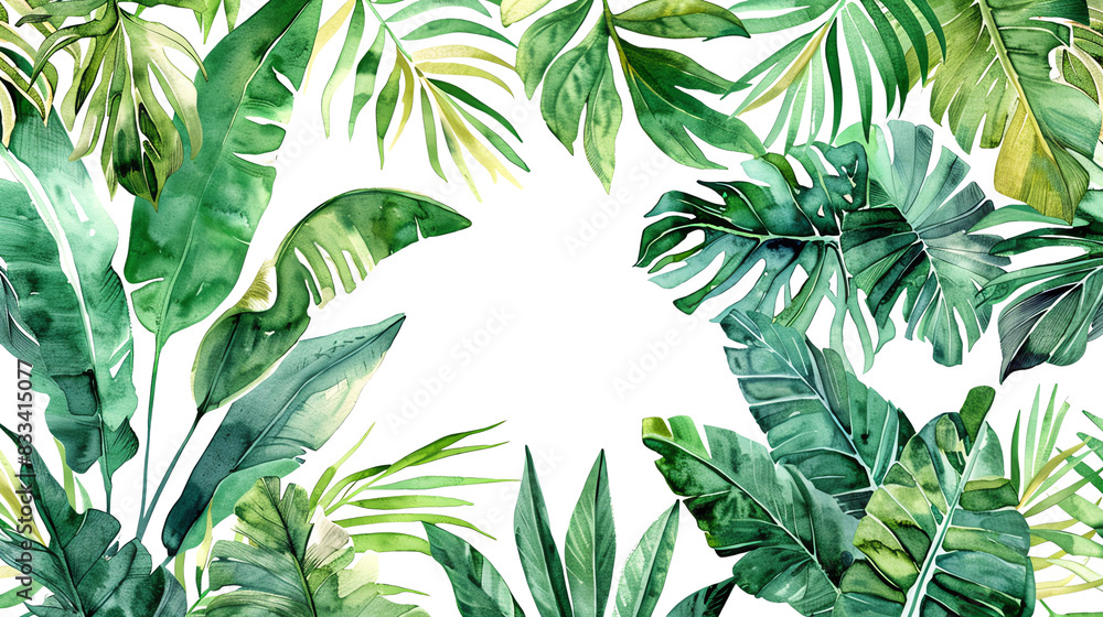 The lush green leaves of a tropical rainforest create a dense, textured ...