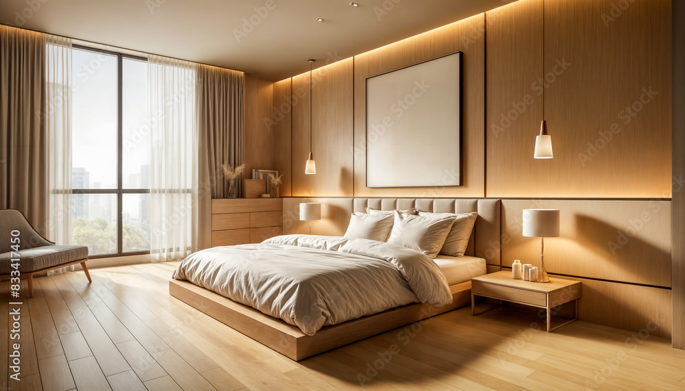 Una camera da letto matrimoniale minimalista con un'atmosfera serena e ...