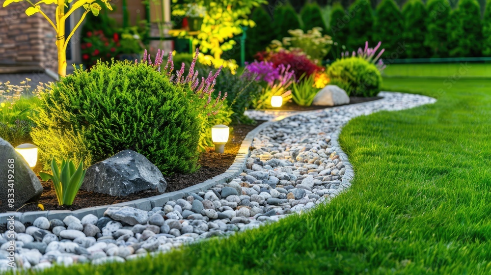 a beautifully lit outdoor garden with landscape lighting highlighting ...
