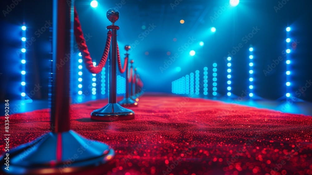 Red carpet event with blue spotlights on red carpet, velvet rope event ...