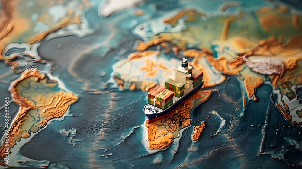 Container ship model on world map , transcontinental transportation or ...