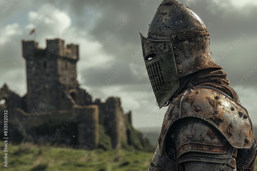 Knight in armor on horseback, background with castle, dark sky and ...