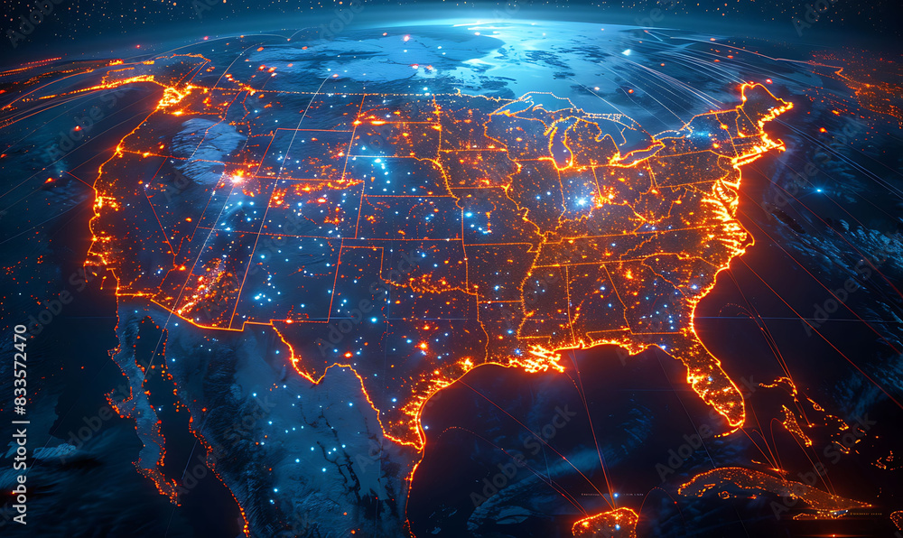 Intense digital map of the US with rapid, glowing data lines ...