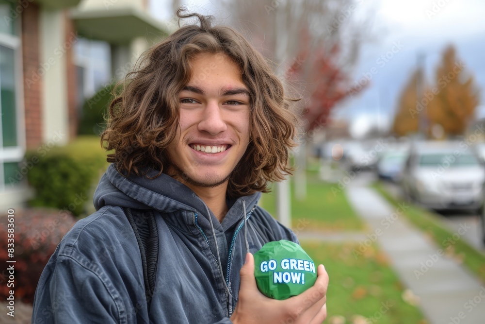 A smiling young individual holds an eco-themed button and a sign with ...