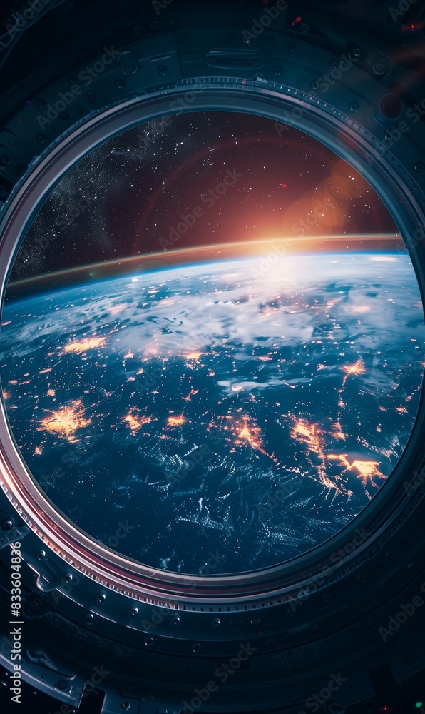 spaceship window with sunrise over planet view, space station porthole ...
