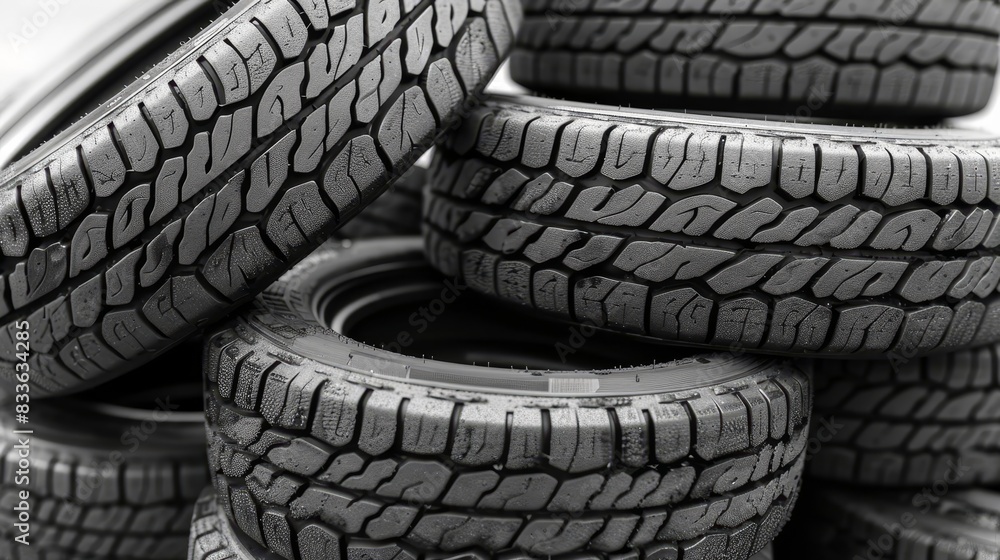 Pile of four new black wheel tires for a car, stacked neatly, showing detailed tread patterns ...