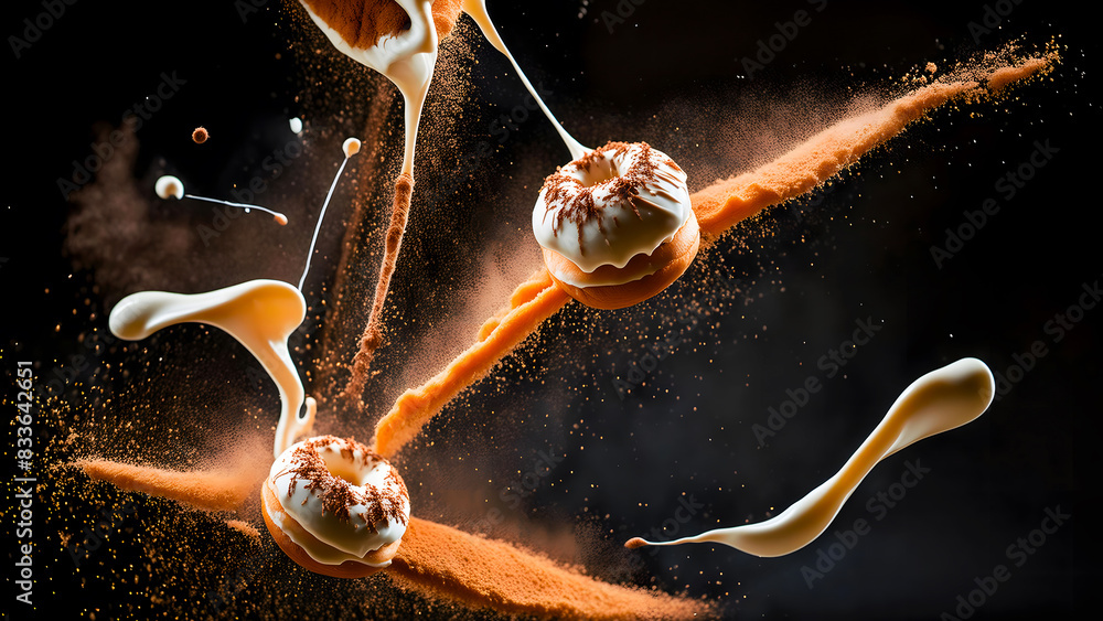 Delicious Donuts And Cinnamon Explosion Flying On A Black Background ...