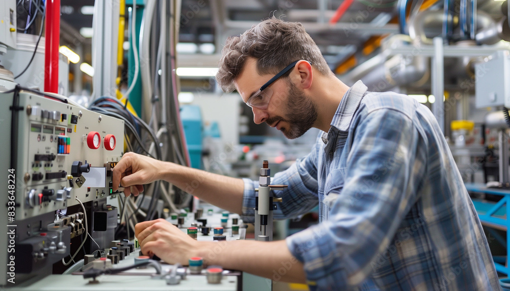 An engineer working on a control panel, fine-tuning settings and ...
