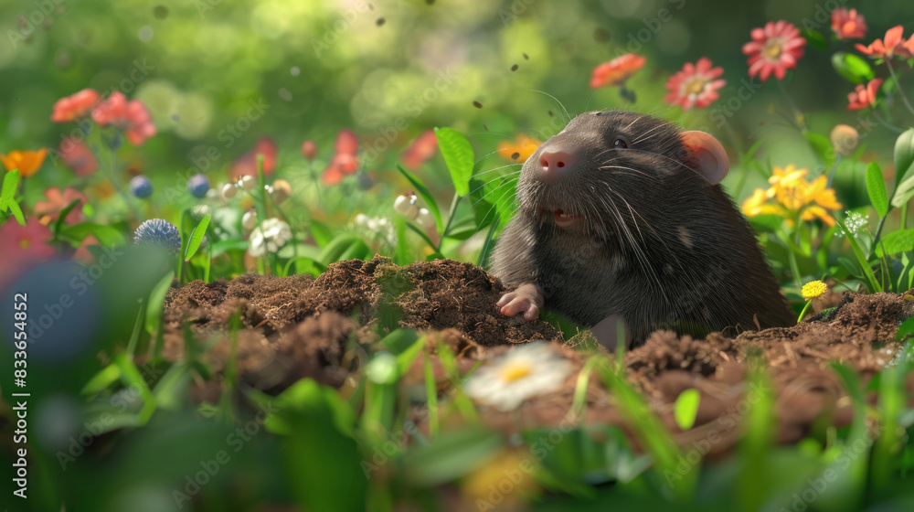Adorable mole emerging from a molehill in a garden, with its tiny eyes ...