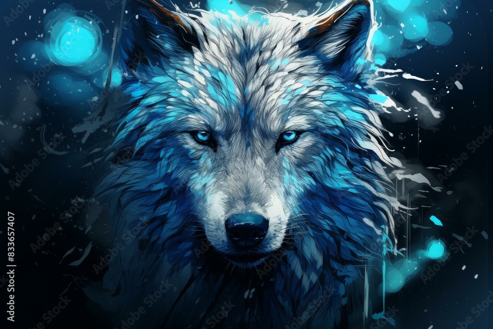 Majestic and mystical blue wolf illustration with glowing orbs in an ...