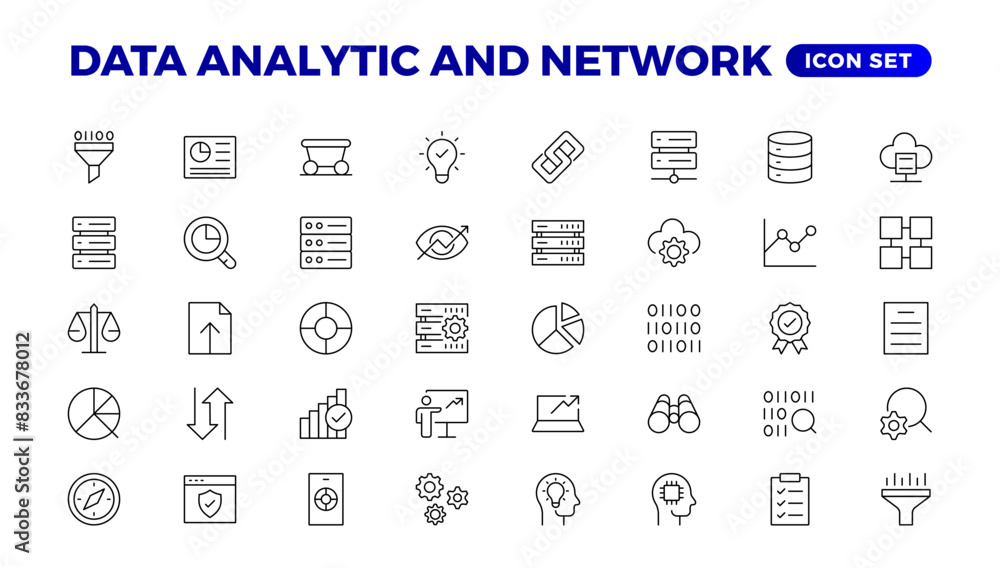 Big Data Analysis Thin Line Icon Set Data Processing Outline Pictograms For Website And Mobile