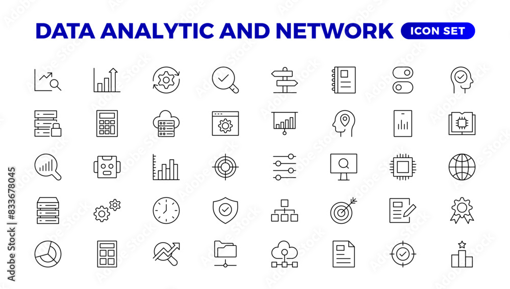 Big data analysis thin line icon set. Data processing outline ...