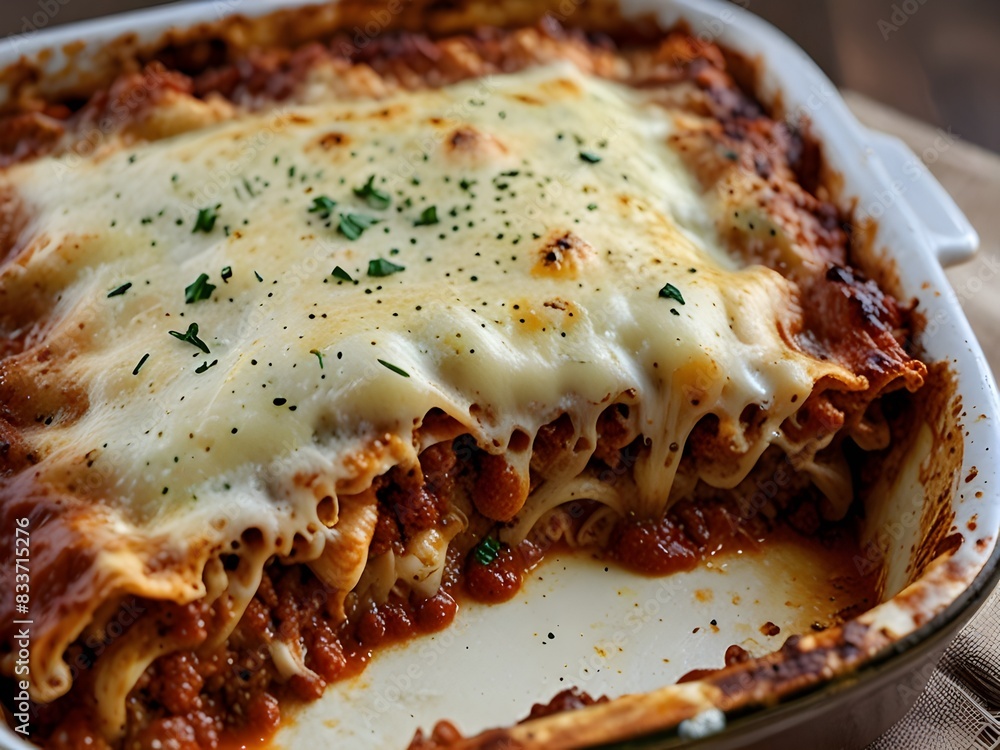 Baked lasagna with layers of pasta, meat sauce, ricotta cheese, and ...