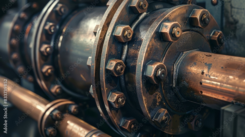 Industrial hydraulic pump with copper tubing, captured in close-up to ...