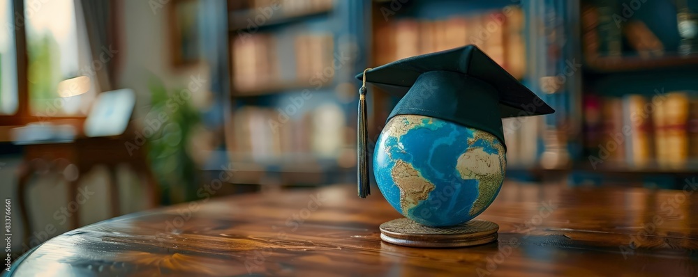 Graduation hat placed on a spinning earth globe, highlighting global ...