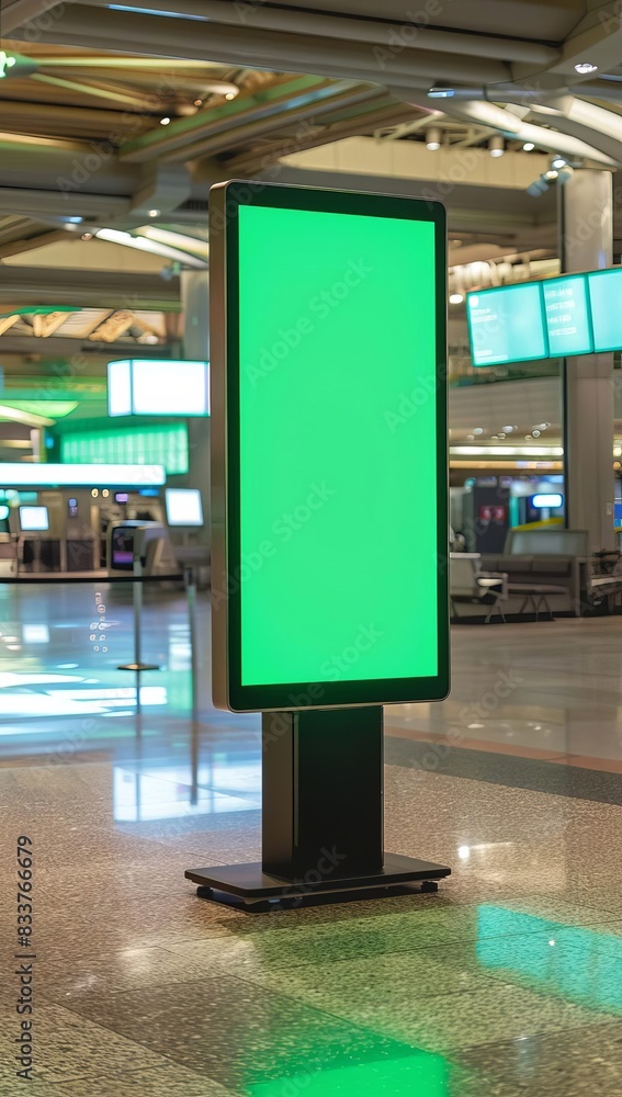 Digital Kiosk Mockup Focus on a digital kiosk with a green screen with an airport terminal ...