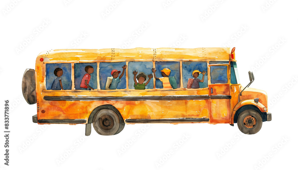 Watercolor Yellow School Bus Clipart with Joyful Children - Learning ...