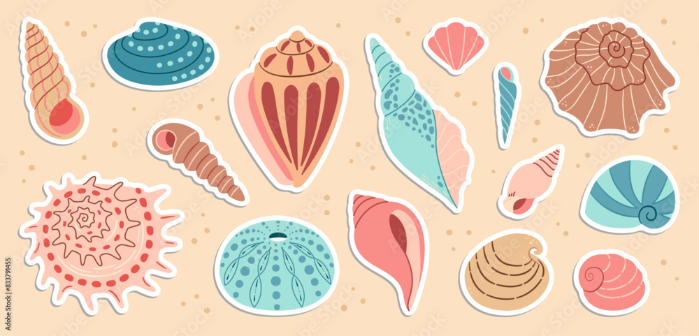 Cute sea shells sticker set. Trendy flat style seashell collection ...