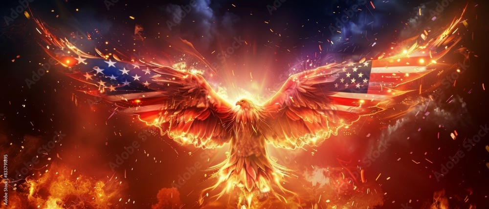 A magical scene of a phoenix rising from flames with the USA flag ...