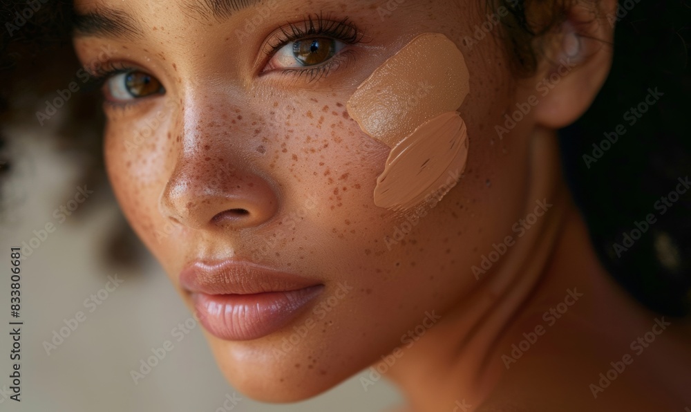Bathed in soft light, a woman with flawless skin applies velvety ...