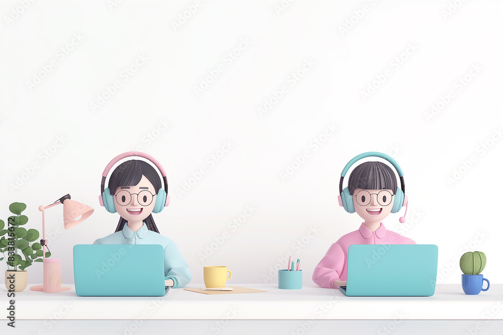 3D call center operator cartoon figures with headphones, using laptops ...