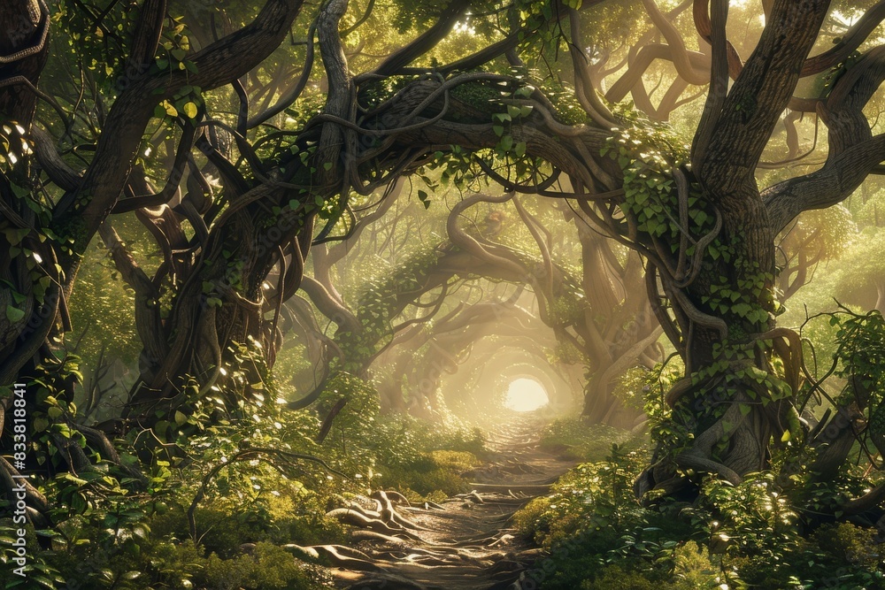 Illustrate a tangled forest with hidden pathways, symbolizing the ...