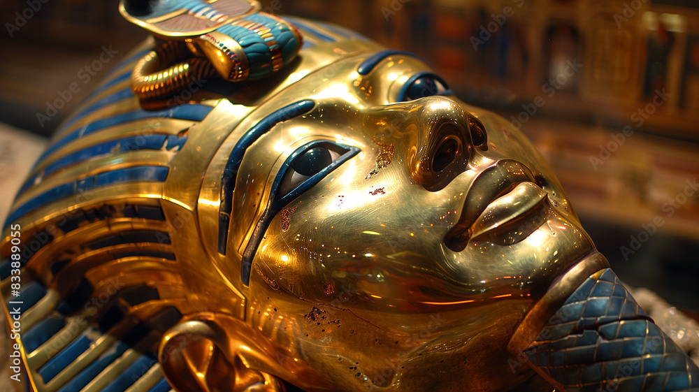 Detailed close-up of King Tutankhamuns iconic golden burial mask ...