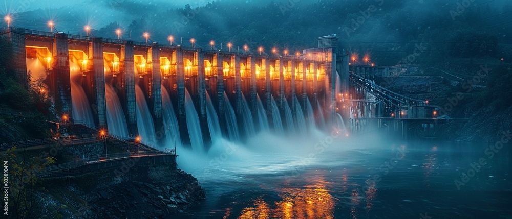 Hydroelectric dam at twilight, water forcefully flowing, illuminated by ...