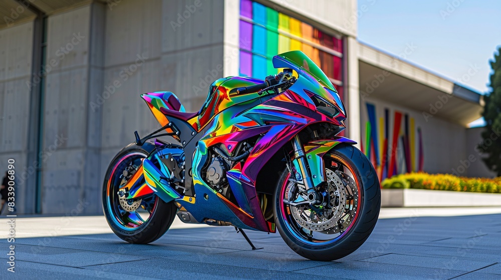 19. A premium motorcycle with a sleek, reflective rainbow paint job ...
